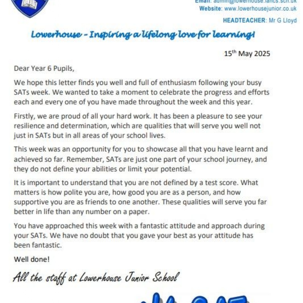 Lowerhouse Junior School - Well Done Year 6 in your SATs!